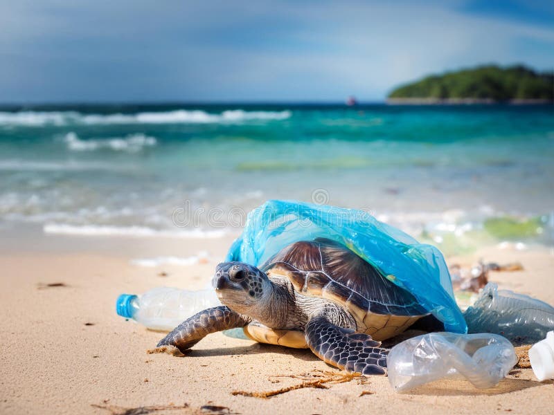 A Turtle on a Sandy Beach Entangled in a Plastic Bag, Surrounded by ...