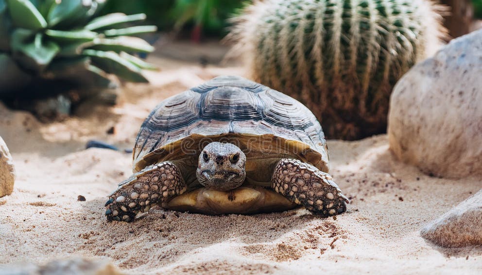 Turtle on Sandy Surface, Plants on Backdrop. Cactus and Stone Stock ...