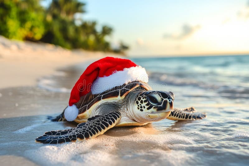 Turtle in a Santa Hat on the Beach Stock Illustration - Illustration of ...