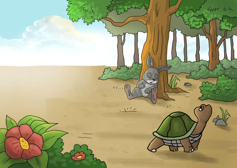 Turtle Saw a Rabbit Sleeping Under a Tree Illustration Stock ...
