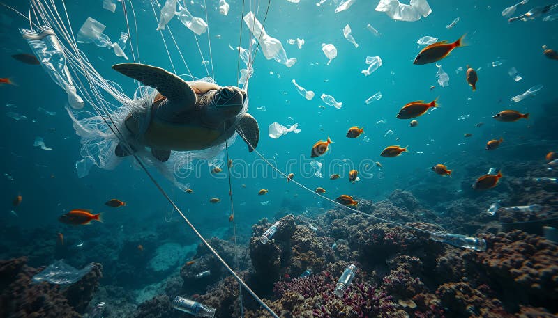 Turtle Swimming in Ocean Surrounded by Plastic Pollution Under Water ...