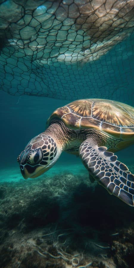Turtle in the Sea Swimming Under Fishnet. Vertical Banner Stock ...