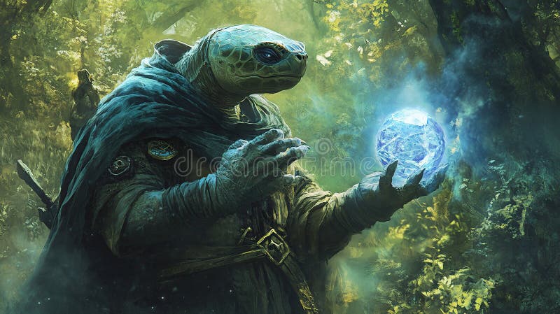 Turtle Shaman in Forest, Holding Glowing Orb Stock Illustration ...