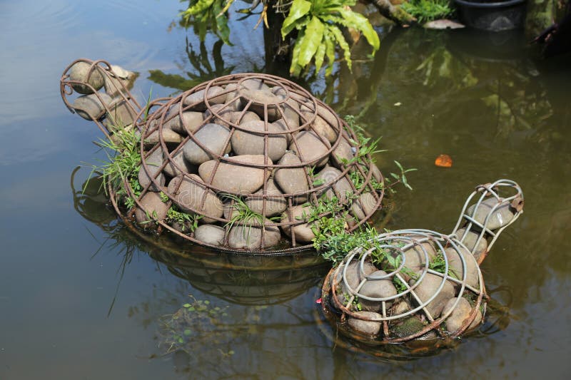 A Turtle-shaped Cage Made of Stones, Floating on the Water, with Plants ...