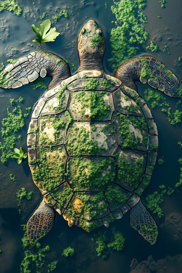 A Turtle Floating on Top of a Body of Water Surrounded by Trees Stock ...