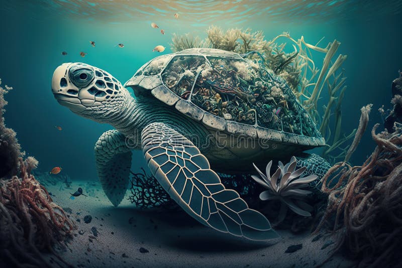 Turtle with a Shell of Garbage Polluting the Ocean in a Coral Reef ...