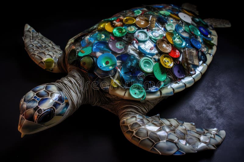 Turtle with Shell of Plastic Caps and Garbage, World Ocean Pollution ...