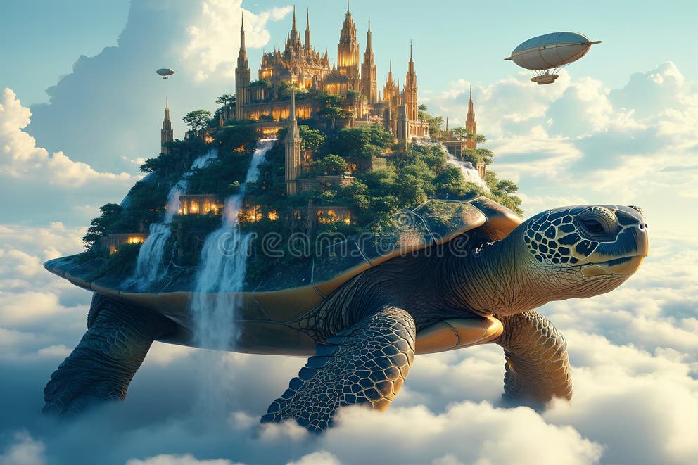 A Turtle is Shown in the Sky with a Castle on Its Back Stock ...