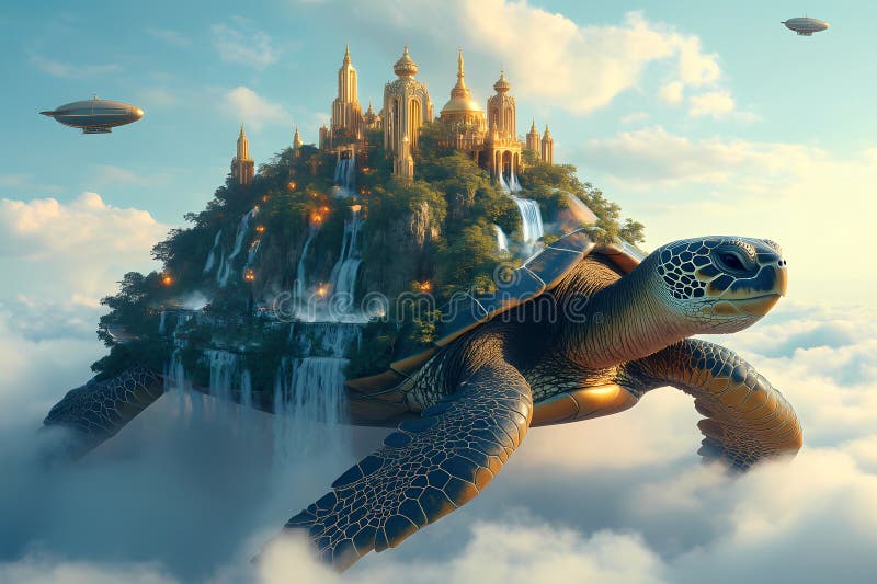 A Turtle is Shown in the Sky with a Castle on Its Back Stock ...