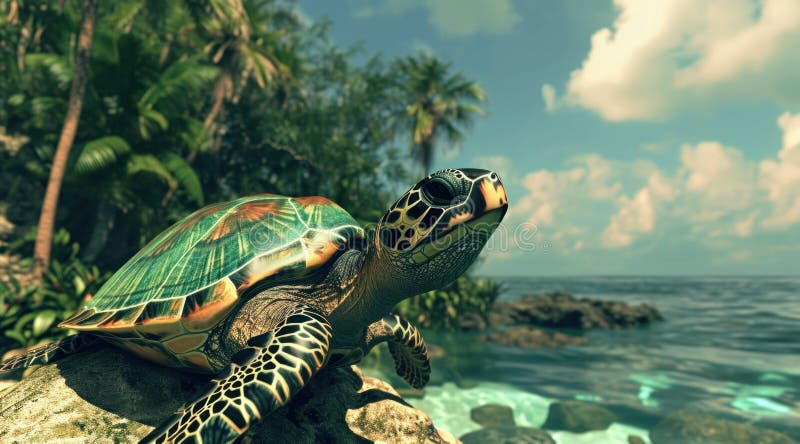 A Turtle Sits on Top of a Tropical Ocean Stock Image - Image of coral ...