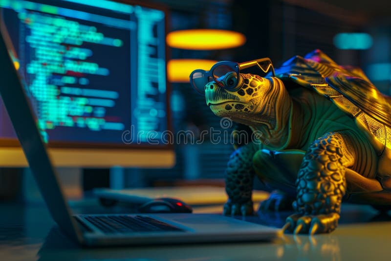 A Turtle is Sitting on a Laptop Computer with a Keyboard and Mouse with ...