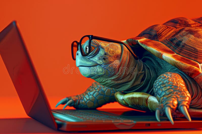 A Turtle is Sitting on a Laptop Computer with a Keyboard and Mouse with ...