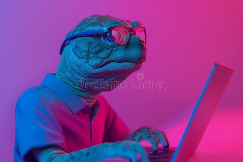 A Turtle is Sitting on a Laptop Computer with a Keyboard and Mouse with ...