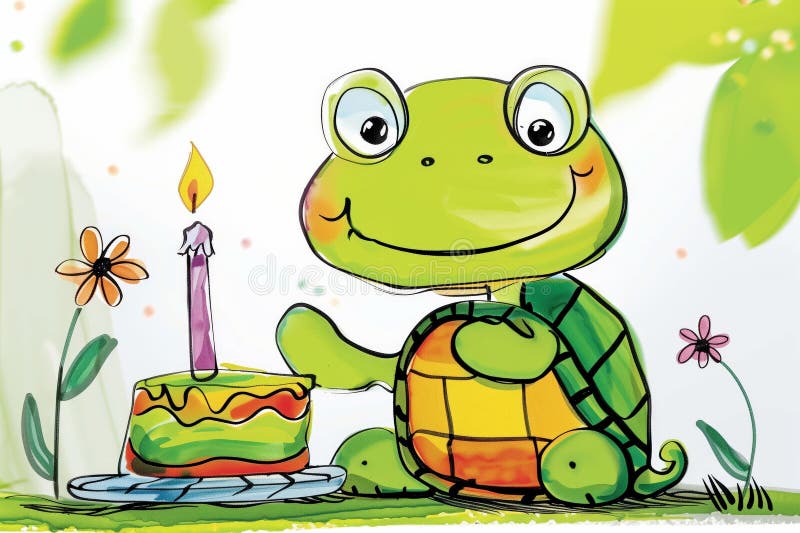 A Turtle is Sitting Next To a Cake with a Candle on it Stock Photo ...
