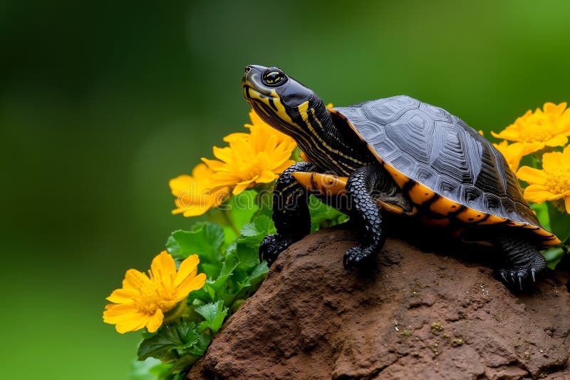 A Turtle Sitting on Top of a Rock Next To Yellow Flowers Stock Photo ...