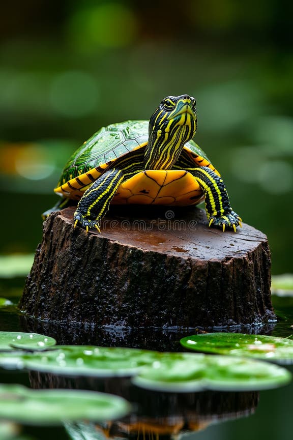 A Turtle Sitting on Top of a Tree Stump in a Pond Stock Illustration ...