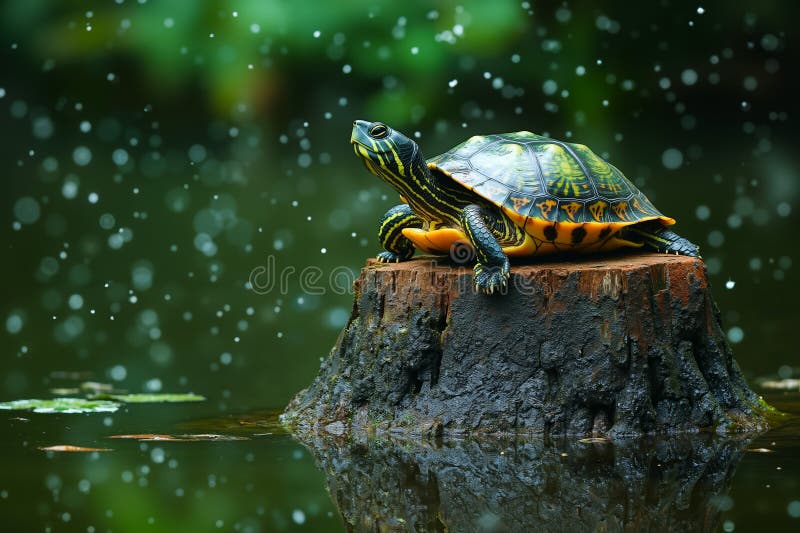 A Turtle Sitting on Top of a Tree Stump in the Water Stock Photo ...