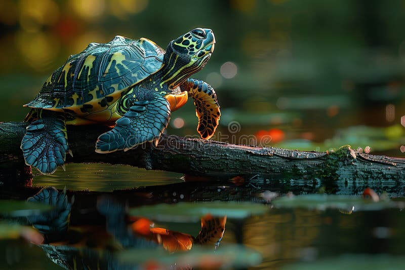 A Turtle is Sitting on a Tree Branch and in the Water Stock ...
