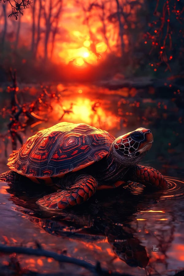 A Turtle is Sitting in the Water at Sunset Stock Illustration ...