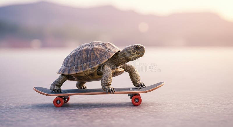 Turtle on Skateboard Speeding Ahead with Serene Mountain Backdrop Stock ...