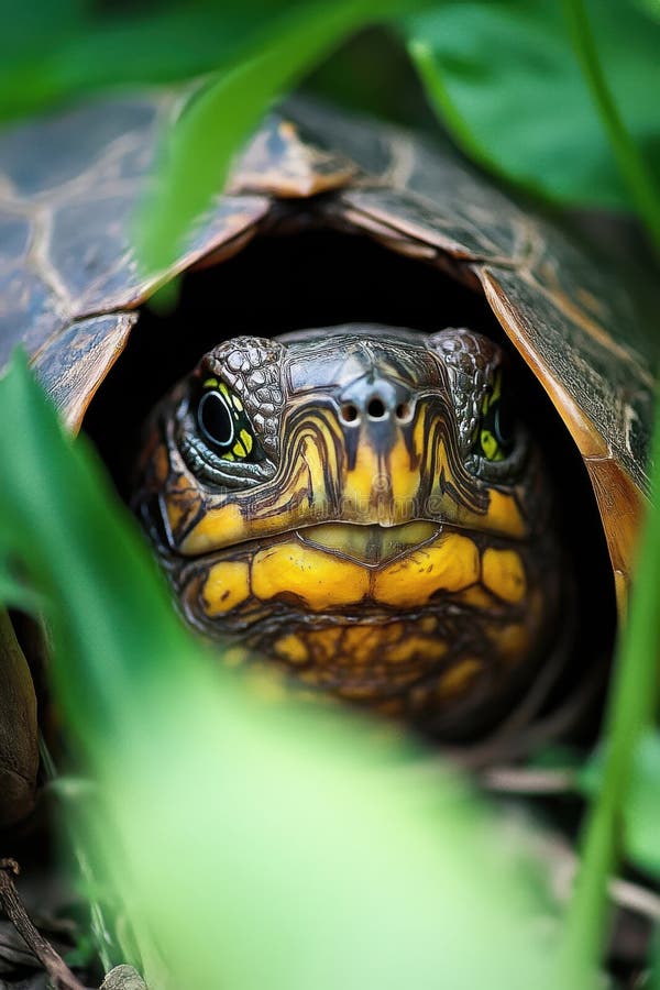 Turtle Emerges from Its Shell in Lush Green Surroundings Highlighting ...