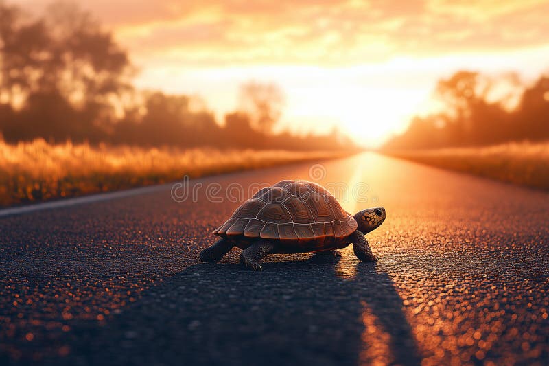 A Turtle Slowly Crossing an Empty Rural Road at Sunrise Stock ...