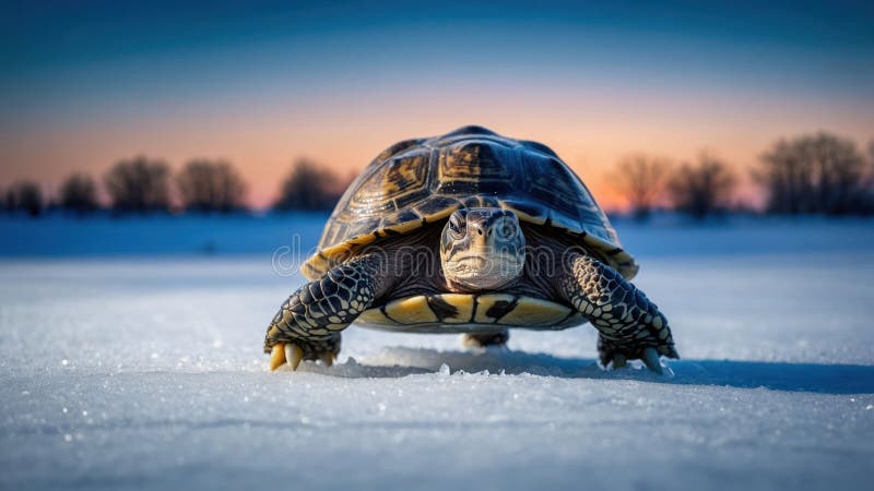 Stunning Tortoise Walking on Icy Winter Landscape at Sunset Stock ...