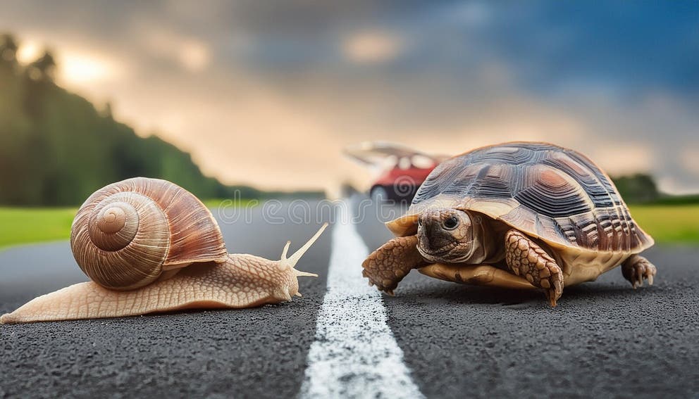 A Turtle and a Snail in the Middle of a Road Stock Illustration ...