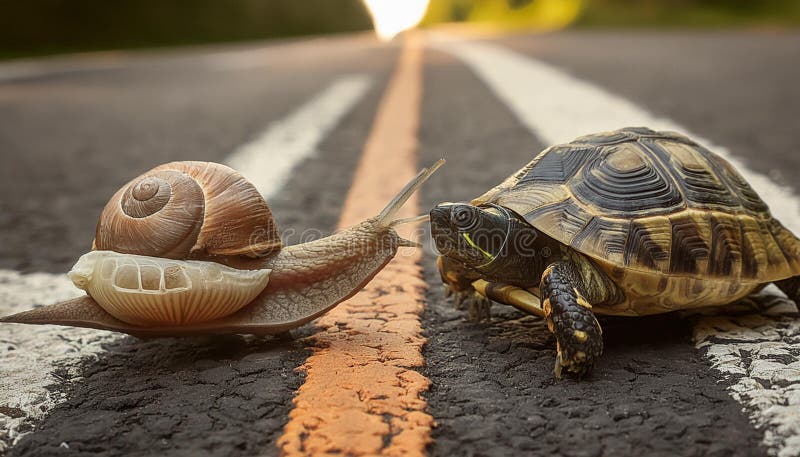 A Turtle and a Snail in the Middle of a Road Stock Image - Image of ...