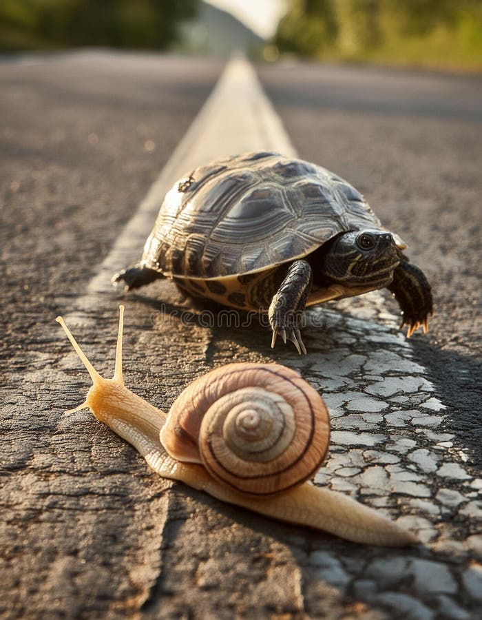 A Turtle and a Snail in the Middle of a Road Stock Image - Image of ...