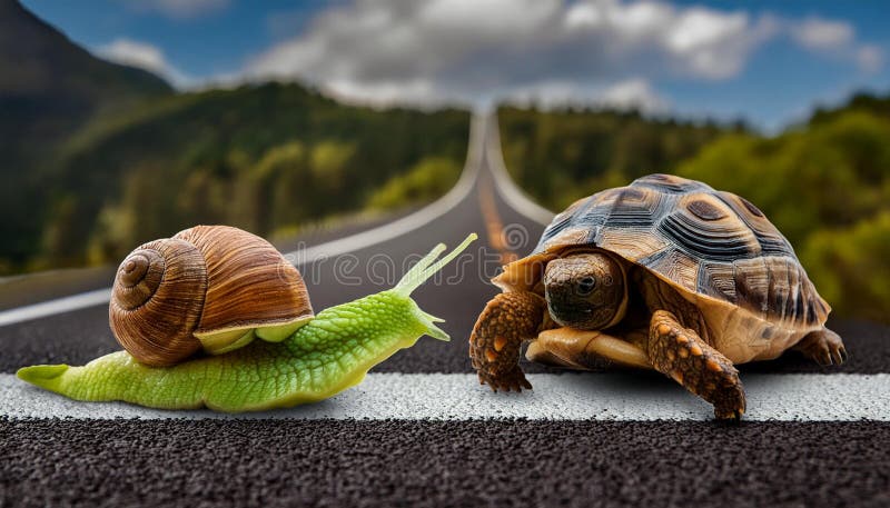 A Turtle and a Snail in the Middle of a Road Stock Photo - Image of ...