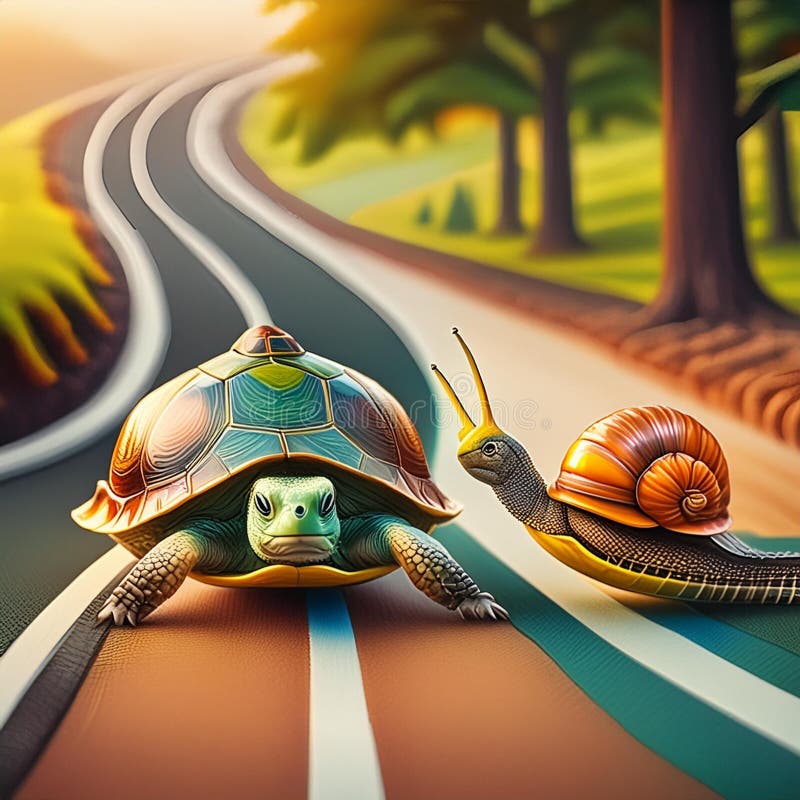 A Turtle and a Snail in the Middle of a Road Stock Illustration ...