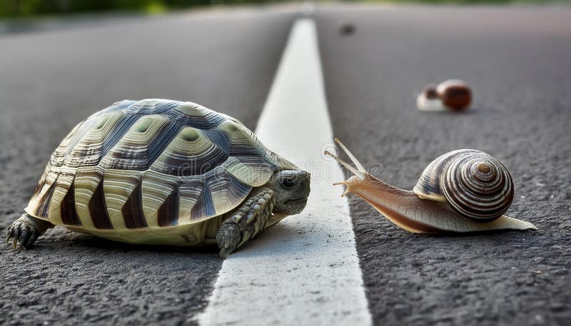 A Turtle and a Snail in the Middle of a Road Stock Illustration ...