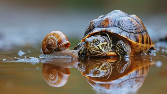 A Turtle and Snail in a Puddle of Water, AI Stock Illustration ...