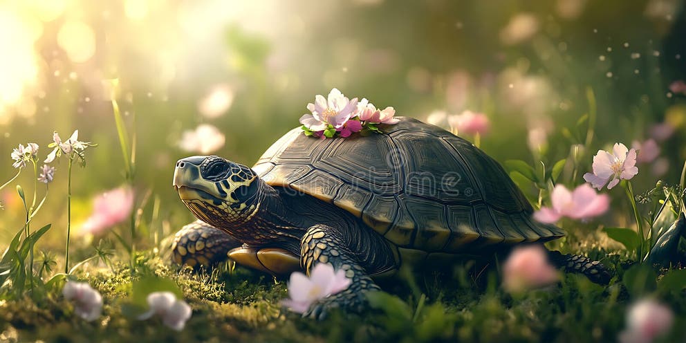 Turtle with Soft Flower Petals Growing from Its Shell Stock ...