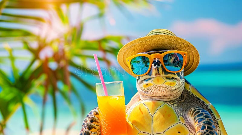 Turtle in a Straw Hat on the Beach Under the Palm Trees Stock ...