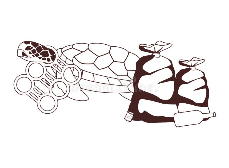 Turtle Stuck with a Sixpack Plastic Rings in Black and White Stock ...