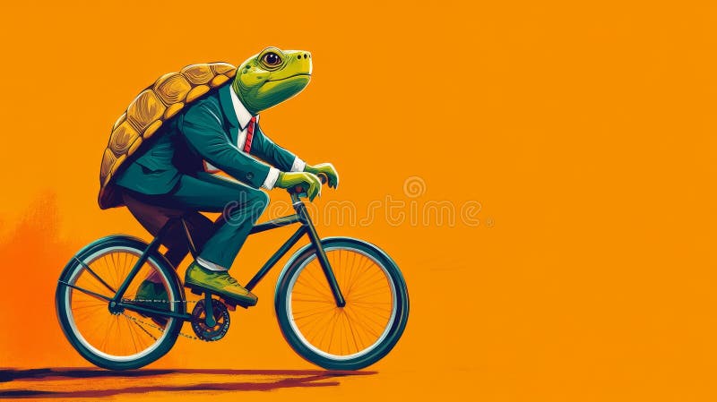 Turtle in a Suit Riding a Bicycle on an Orange Background, Whimsical ...