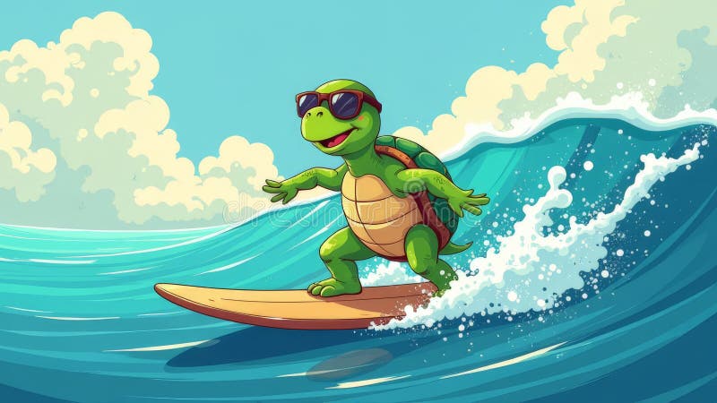 A Turtle in Sunglasses on a Fanboard Rides a Wave Stock Illustration ...