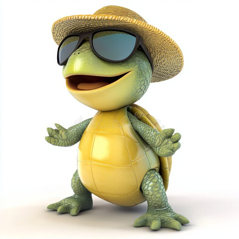 A Turtle with Sunglasses and a Straw Hat, Happily Grinning Against a ...