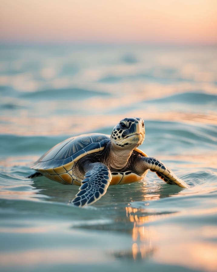 Turtle Surfacing in Golden Hour Light on Calm Sea. Stock Photo - Image ...