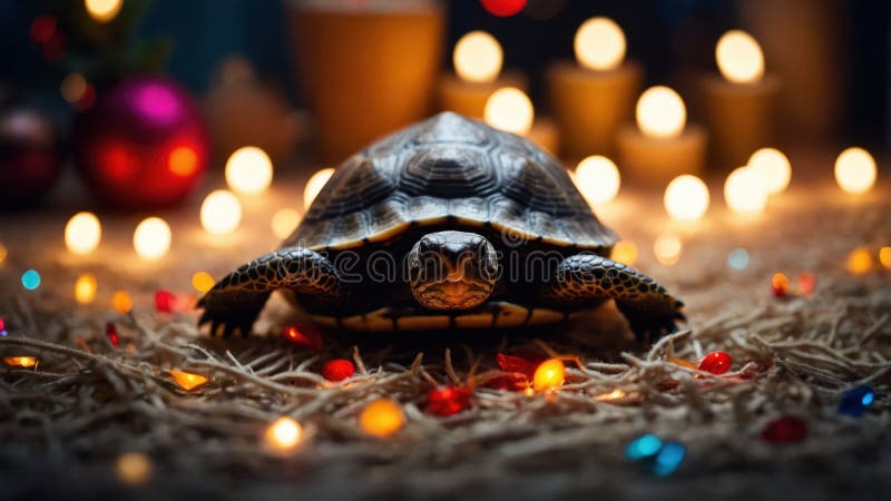 A Turtle Surrounded by Festive Lights and Decorations on a Straw ...