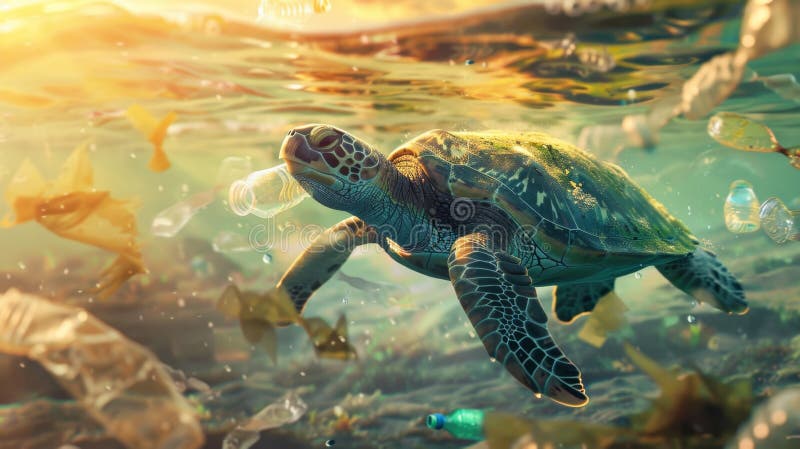 The Turtle and Ocean Pollution. AI Generated Stock Photo - Image of ...