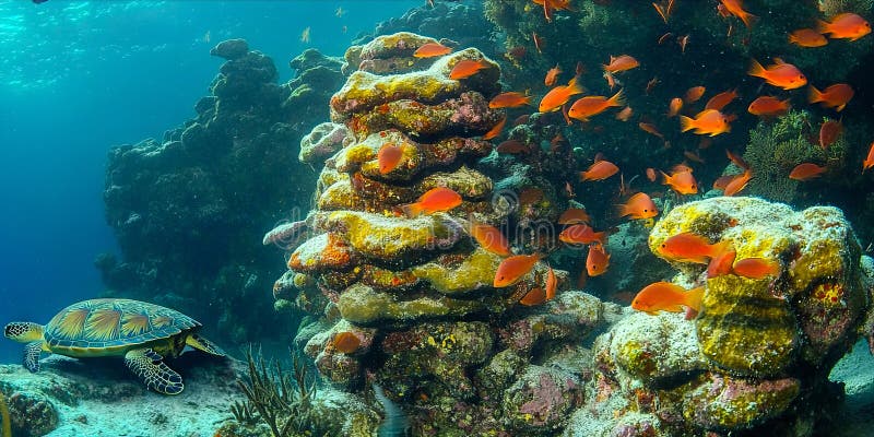 A Turtle Swimming in Front of a Large Group of Fish Stock Photo - Image ...