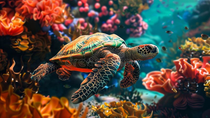 A Turtle Swimming in the Ocean with Corals Stock Image - Image of coral ...