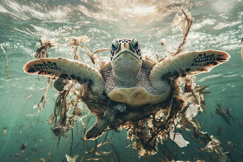A Turtle is Swimming in the Ocean with a Lot of Trash Around it Stock ...