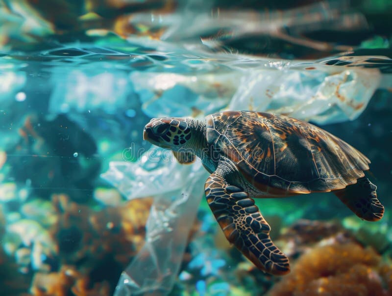 A Turtle Swimming in the Ocean with Plastic Debris in the Water Stock ...