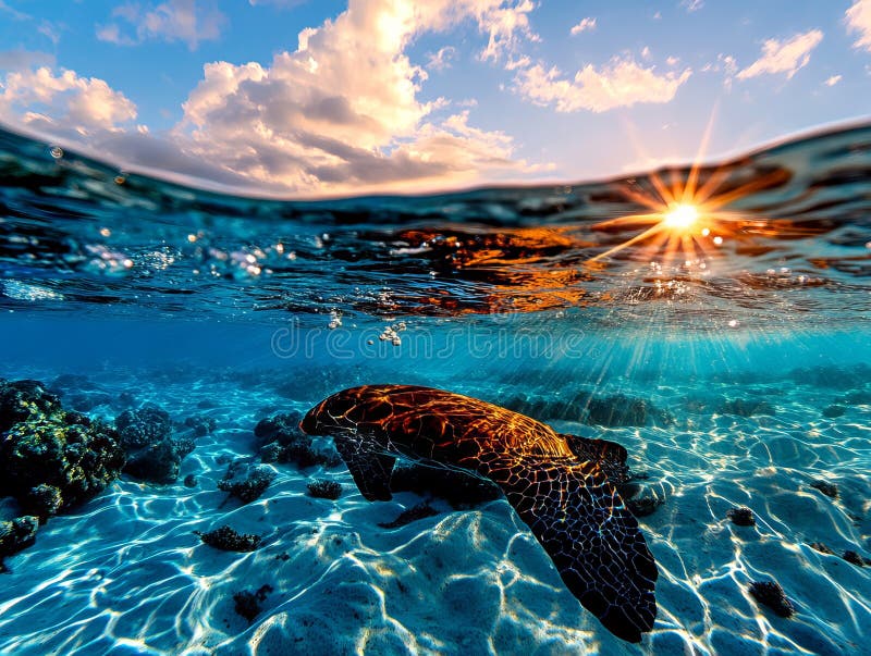 A Turtle Swimming in the Ocean with the Sun Setting in the Background ...