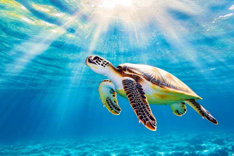 A Turtle Swimming in the Ocean with the Sun Shining on it Stock ...