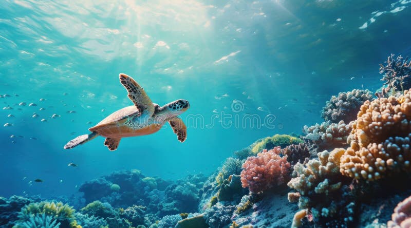 A Turtle Swimming in the Ocean Surrounded by Coral Reefs Stock Image ...